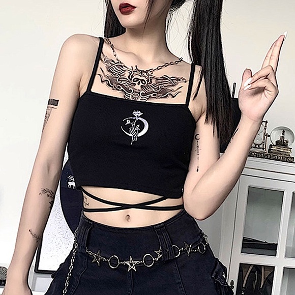Tops | Black Rose Crescent Moon Wrap Crop Top | Poshmark